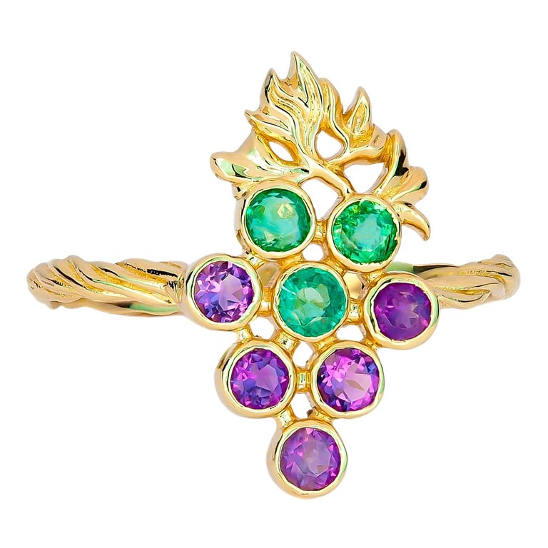 14k Gold Ring with Natural Emeralds and Amethysts, Grape Gold Ring For ...