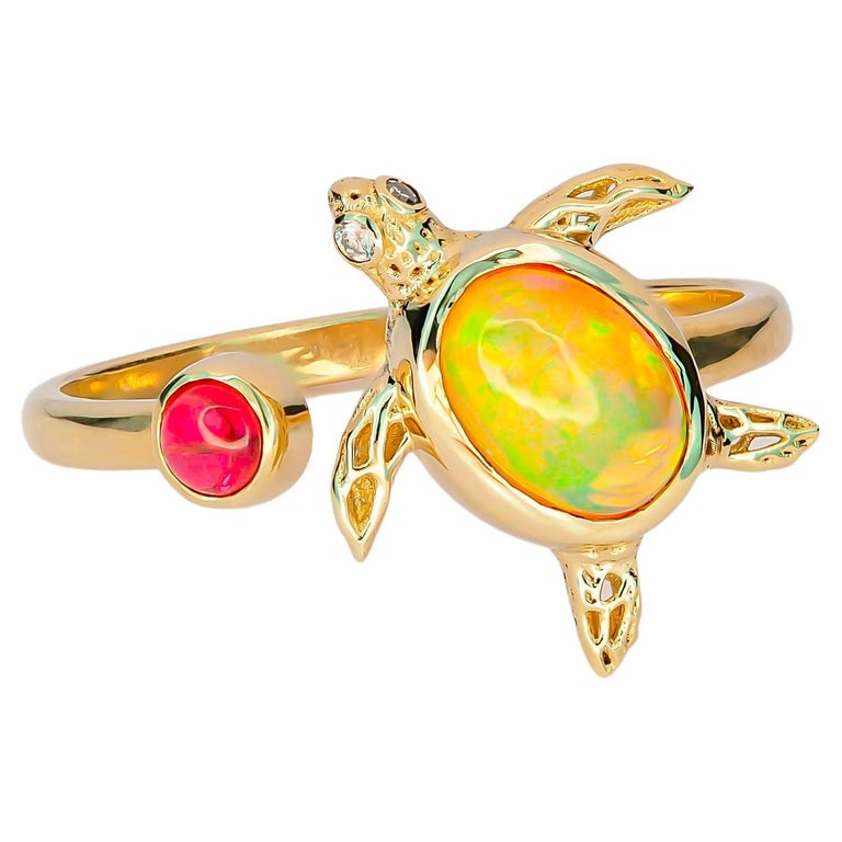 14k Gold Ring with Opal, Ruby and Diamonds, Turtle Ring For Sale at 1stDibs