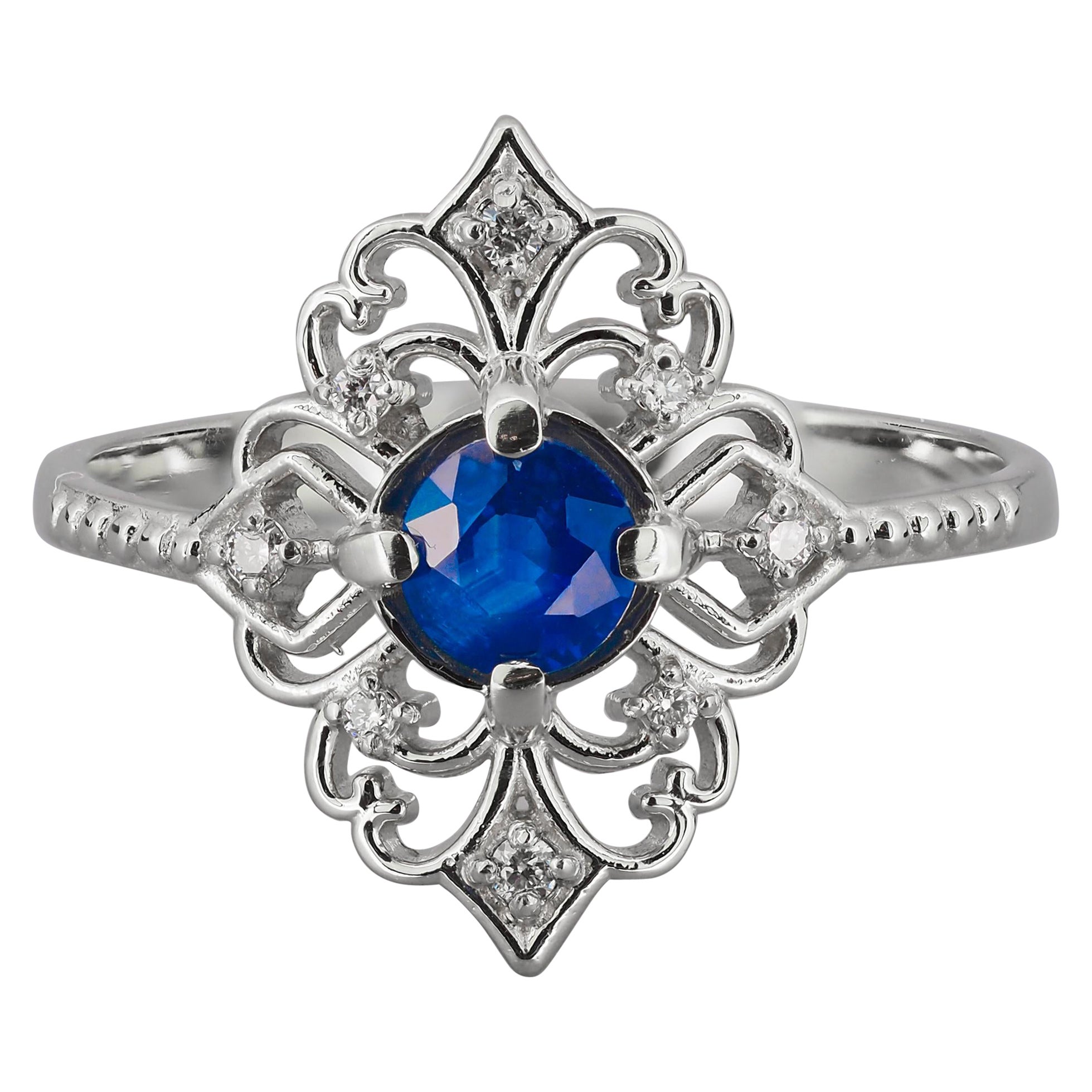 14k Gold Ring with Sapphire and Diamonds For Sale at 1stDibs