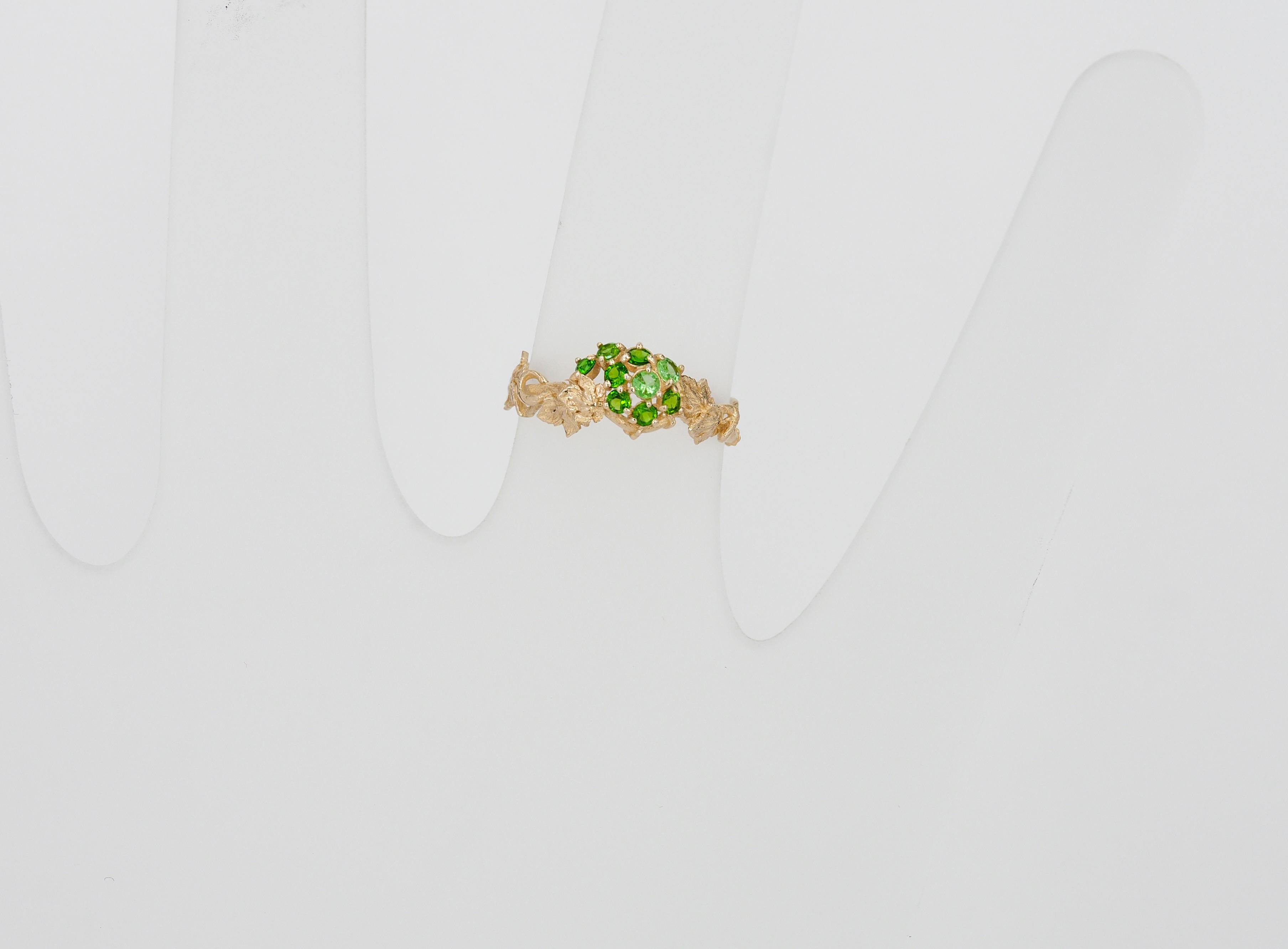 14k Gold Ring with Tsavorites, Grape Leaves Ring For Sale at 1stDibs