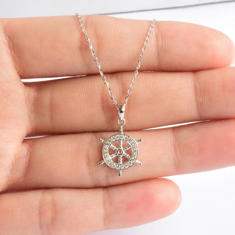 14k Gold Ship Wheel Necklace Cruse Ship Charm Pendant For Sale at 1stDibs