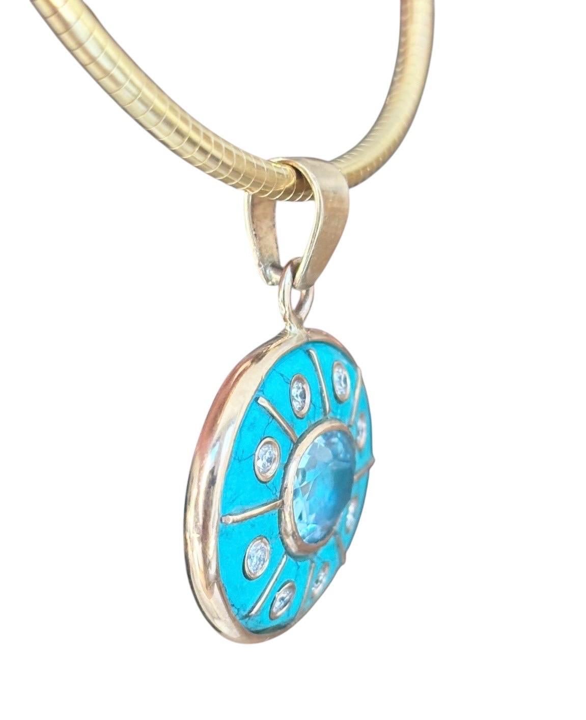14k Gold SOL Pendant with Turquoise, Diamonds, Blue Topaz For Sale at ...