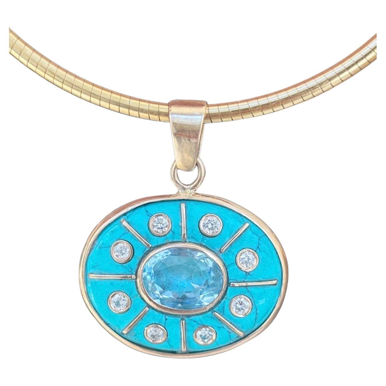 14k Gold SOL Pendant with Turquoise, Diamonds, Blue Topaz For Sale at ...