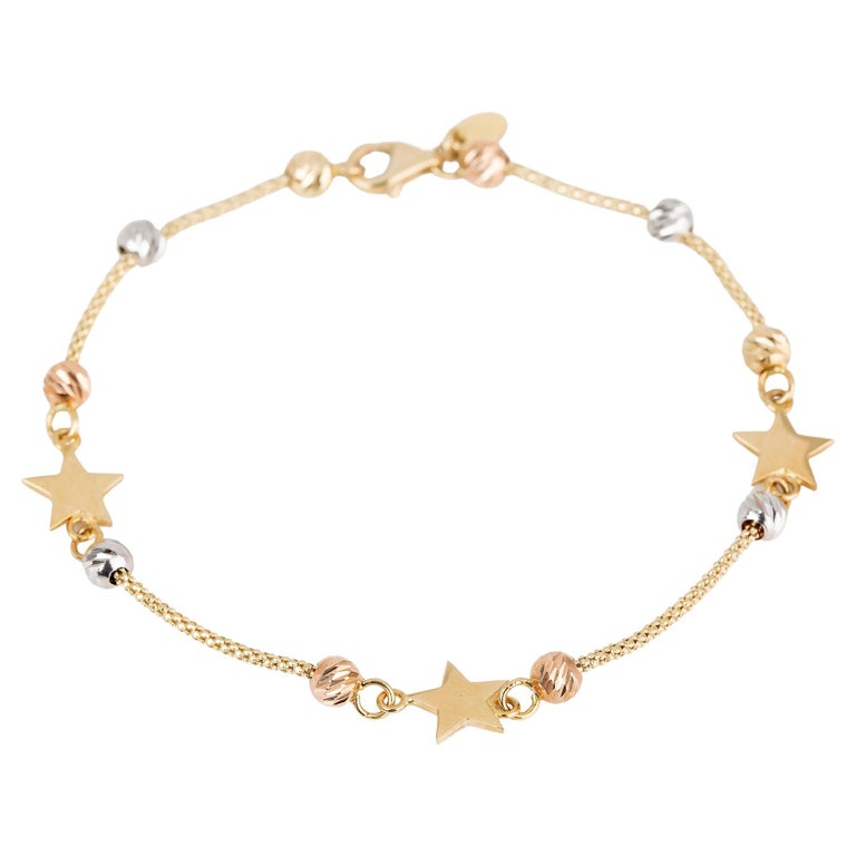 14K Gold Star Charms Dainty Beaded Bracelet For Sale at 1stDibs