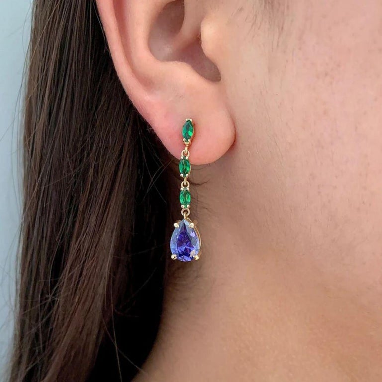 14K Gold Tanzanite and Tsavorite Garnet Signature Drop Earrings For ...