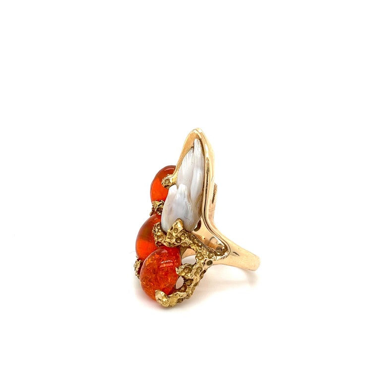 14k Gold Textured Coral Reef Motif Ring with Mexican Fire Opal and ...