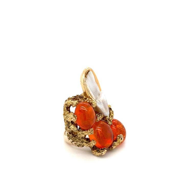 14k Gold Textured Coral Reef Motif Ring with Mexican Fire Opal and ...