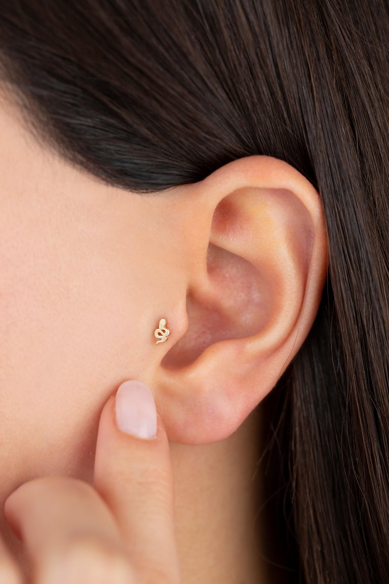 14K Gold Tiny Serpent Piercing, Small Snake Gold Stud Earring For Sale ...