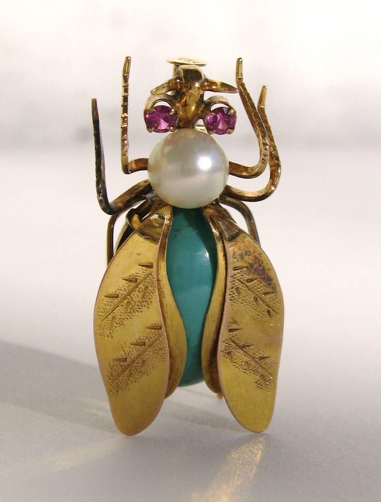 14k Gold Turquoise Pearl and Topaz Fly Insect Brooch For Sale at 1stDibs