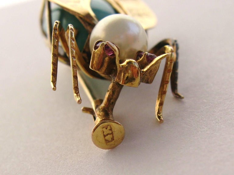 14k Gold Turquoise Pearl and Topaz Fly Insect Brooch For Sale at 1stDibs