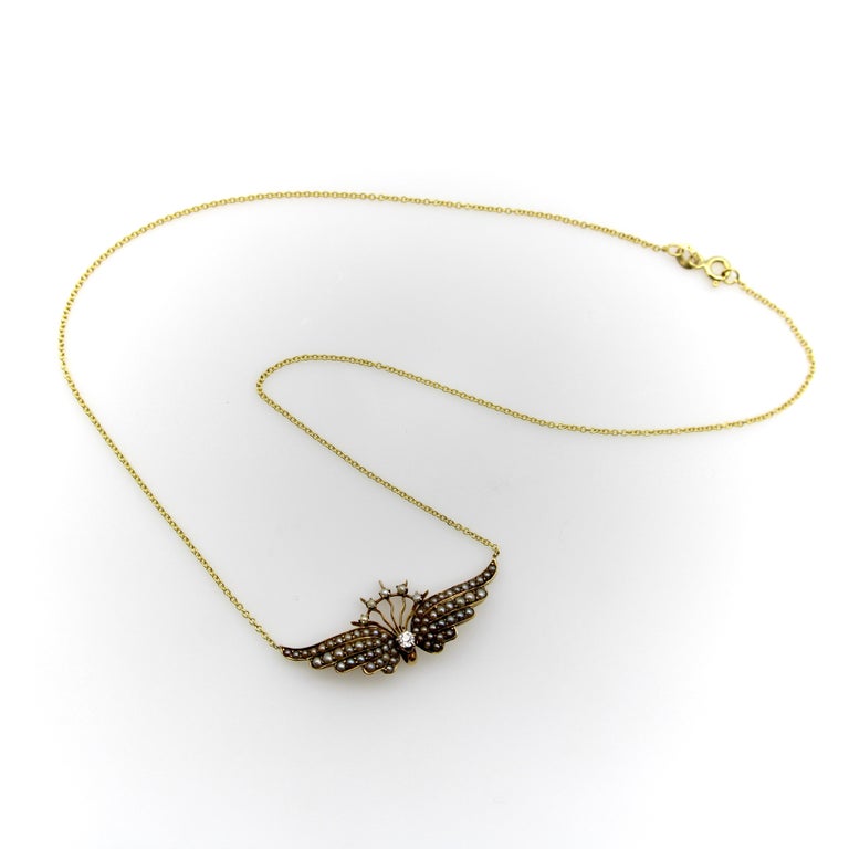 14k Gold Victorian Angel Wing Necklace with Diamond and Seed Pearls For ...