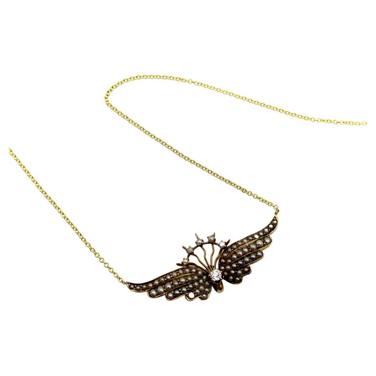 14k Gold Victorian Angel Wing Necklace with Diamond and Seed Pearls For ...