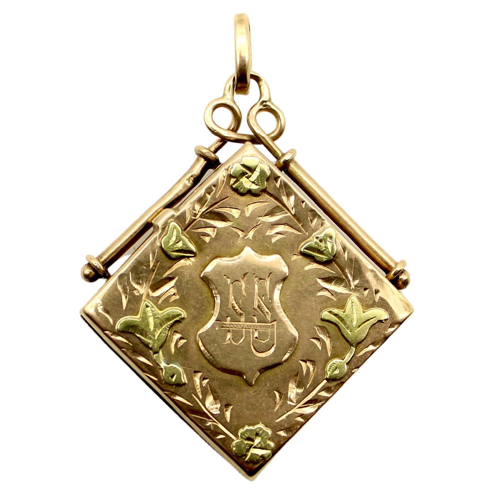 14K Gold Victorian Hand Engraved Square Fob Locket For Sale at 1stDibs