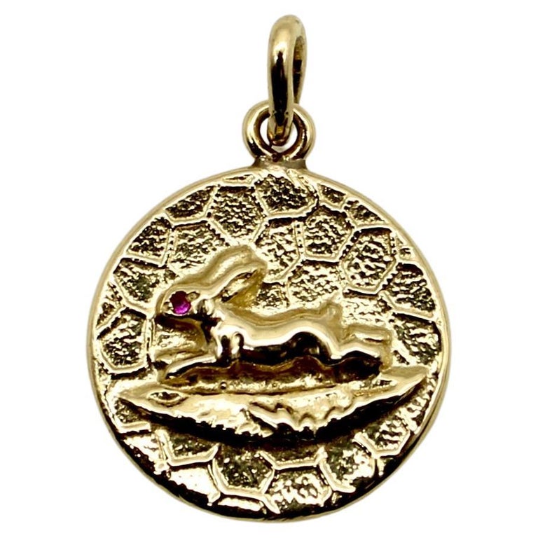 14k Gold Victorian Inspired Signature Running Rabbit Pendant-Charm with ...