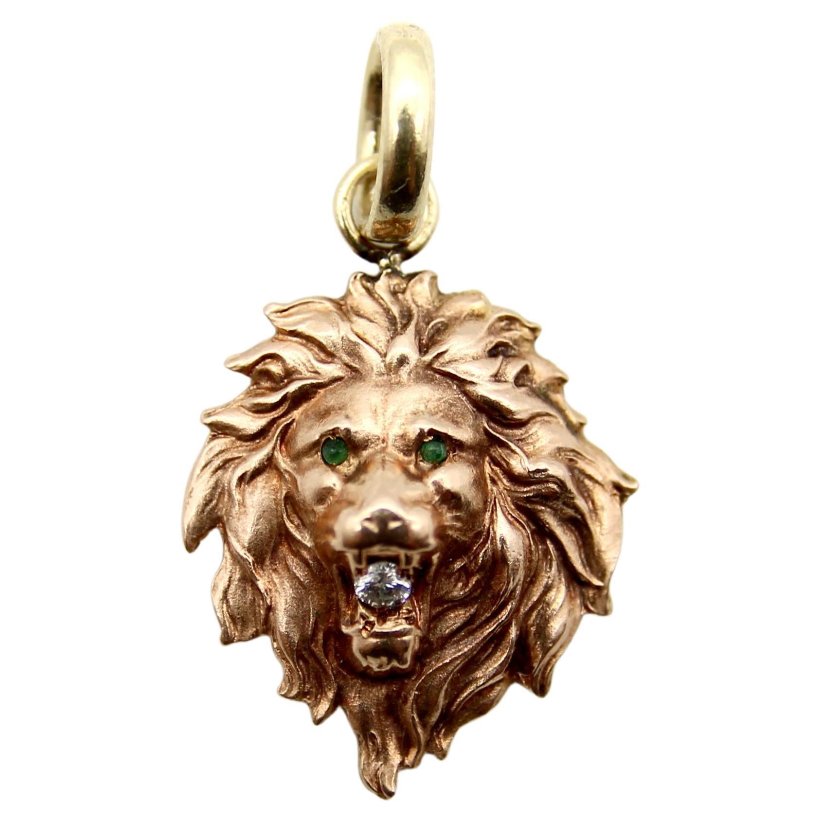 14K Gold Victorian Lion Charm with Emerald Eyes and Diamond For Sale at ...
