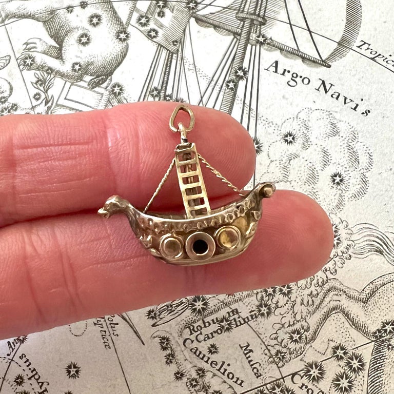 Mid-Century 14K Gold Viking Ship Charm Pendant For Sale at 1stDibs
