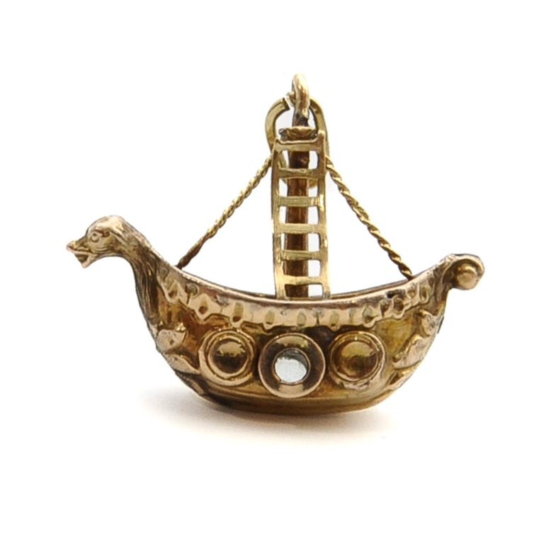 Mid-Century 14K Gold Viking Ship Charm Pendant For Sale at 1stDibs