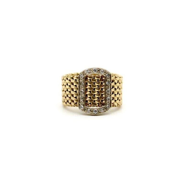 14K Gold Vintage Mesh Diamond Buckle Ring For Sale at 1stDibs