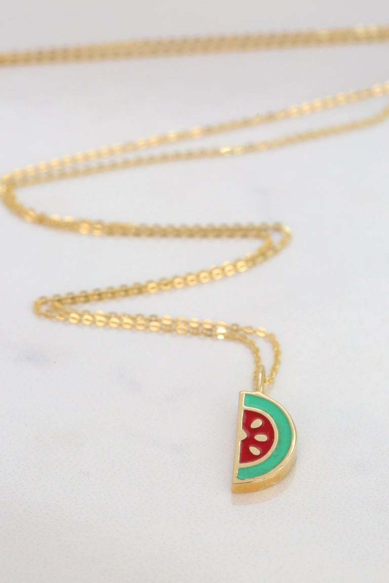 14K Gold Watermelon Necklace, Enamel Fruit Necklace For Sale at 1stDibs
