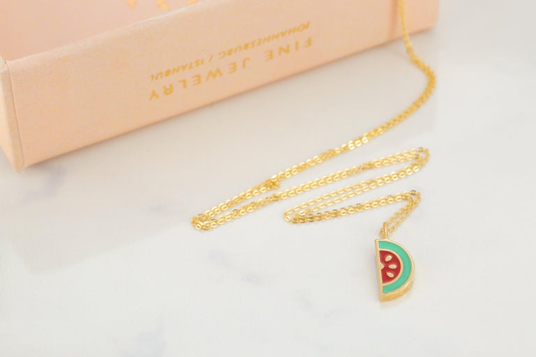 14K Gold Watermelon Necklace, Enamel Fruit Necklace For Sale at 1stDibs