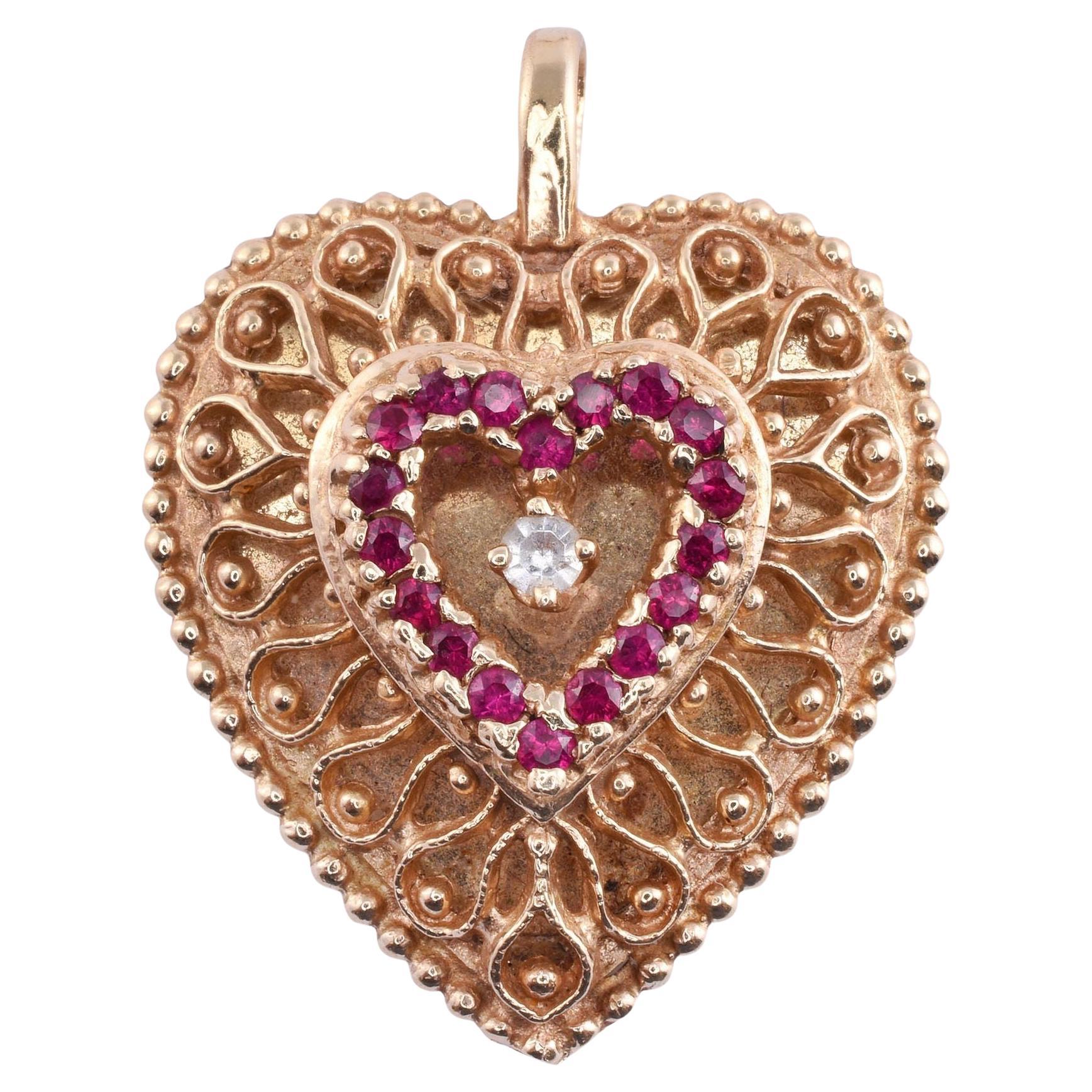 Vintage Large 14k Gold Ruby and Diamond Heart Clover Pendant Charm For ...