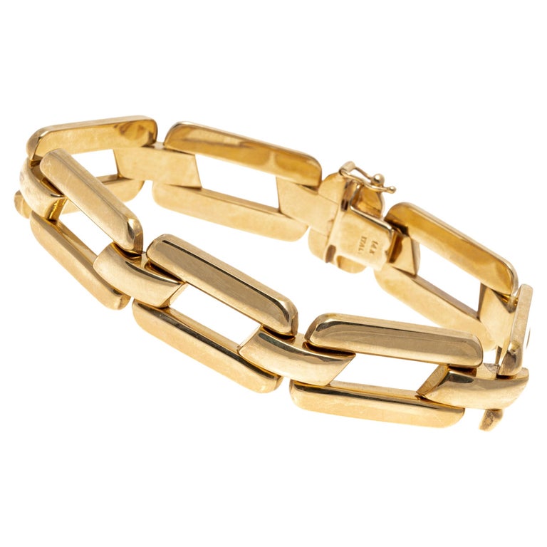 14K Yellow Gold Chunky Open Rectangular Link Bracelet at 1stDibs