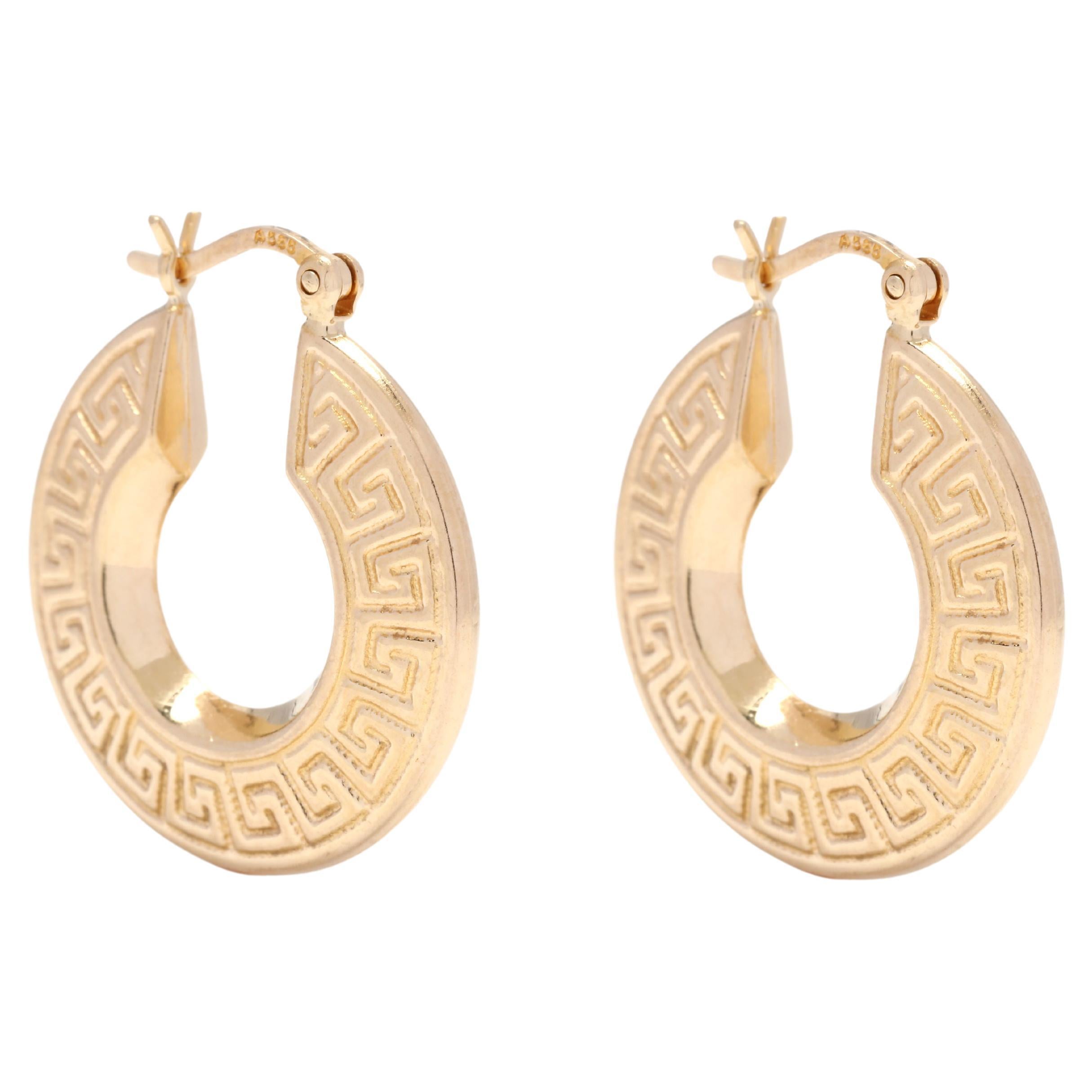 14K Knife Edge Greek Key Hoops at 1stDibs