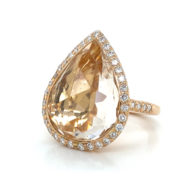 14K Pear Shape Quartz Diamond Halo Ring Rose Gold For Sale at 1stDibs