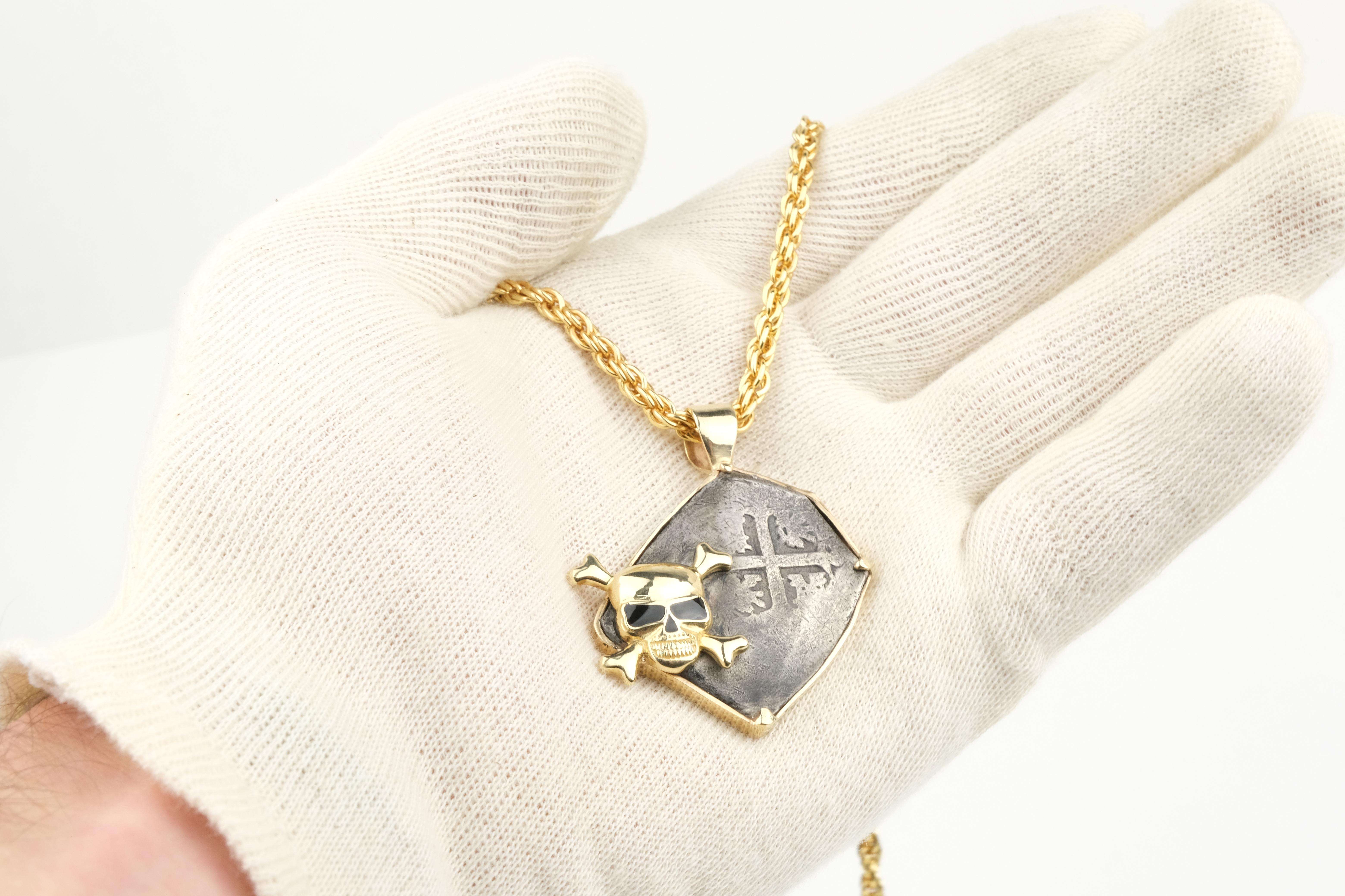 14k Pendant Featuring Spanish Silver "Reale" Cob Coin with Skull and ...