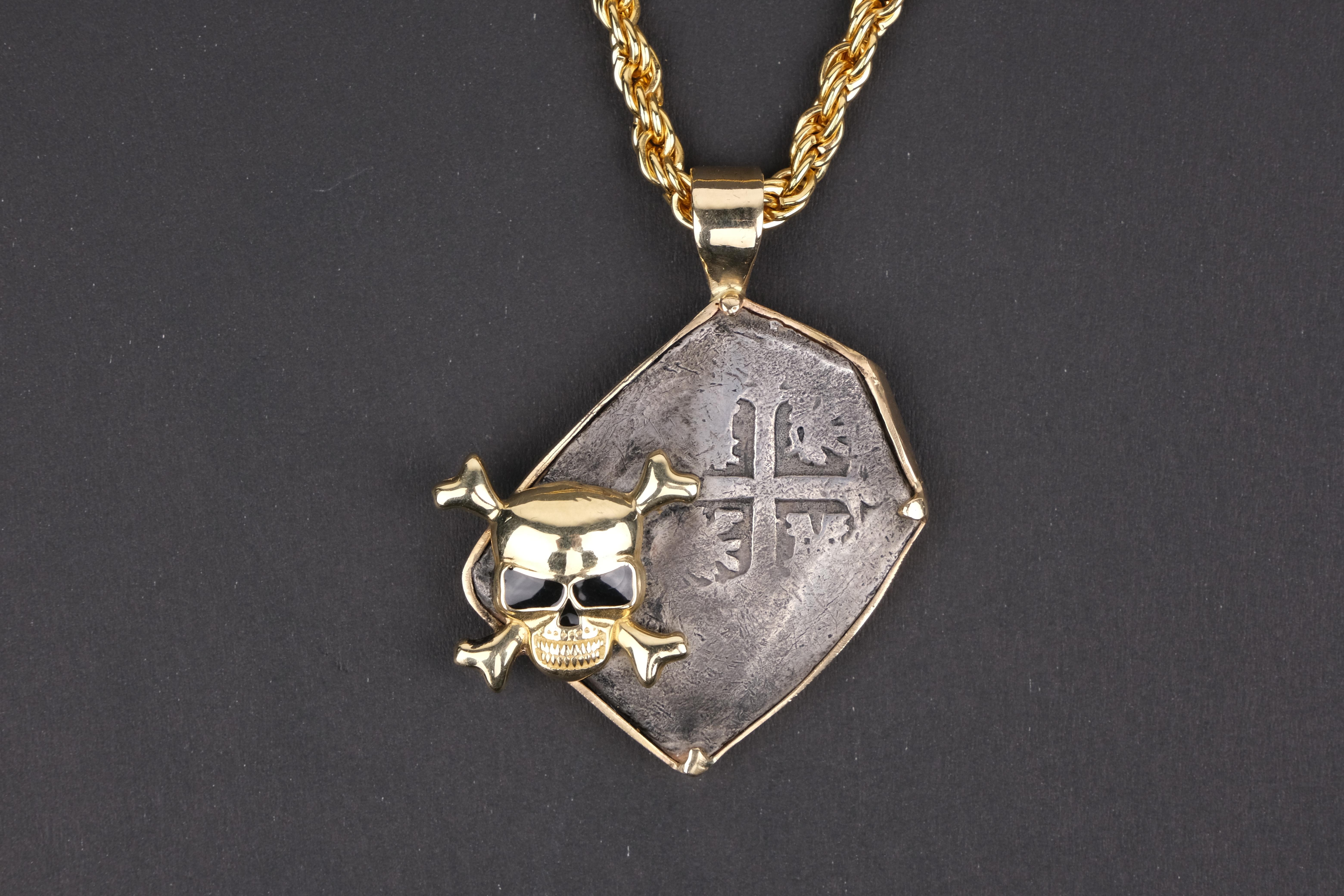 14k Pendant Featuring Spanish Silver "Reale" Cob Coin with Skull and ...