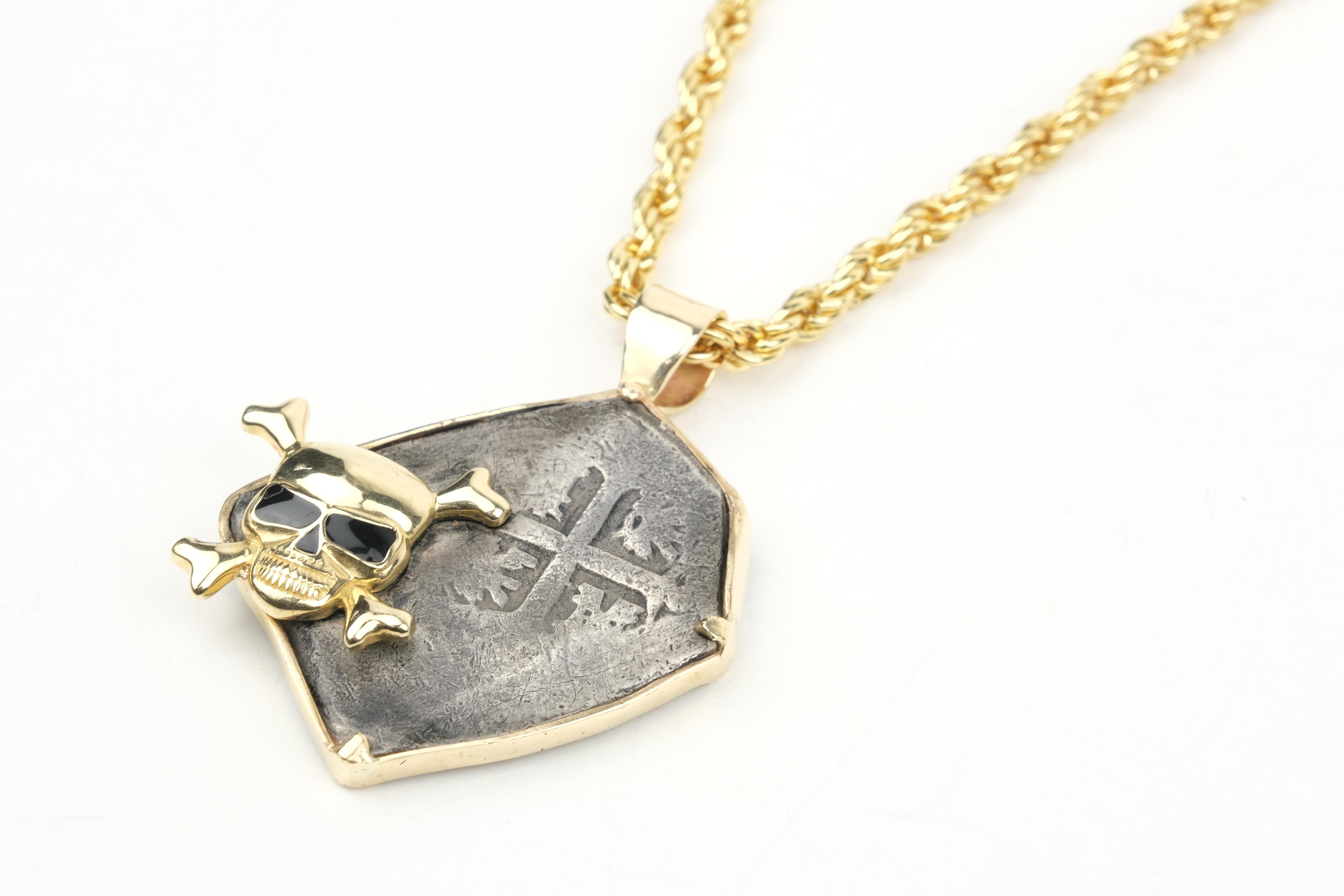 14k Pendant Featuring Spanish Silver "Reale" Cob Coin with Skull and ...