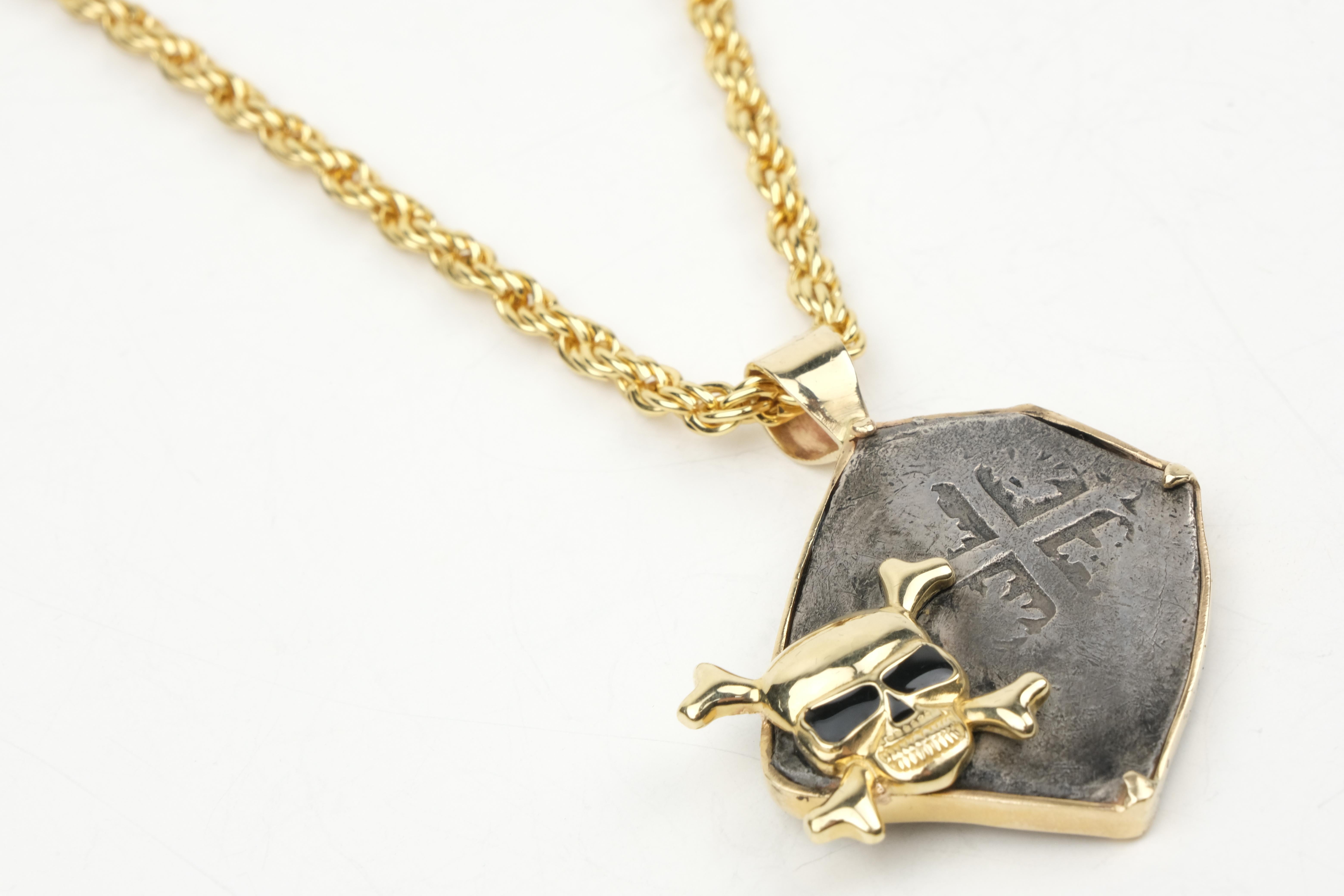 14k Pendant Featuring Spanish Silver "Reale" Cob Coin with Skull and ...