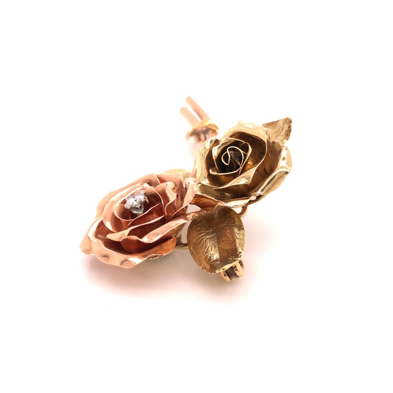 14 Karat Rose and Yellow Gold Diamond Rose Brooch For Sale at 1stDibs