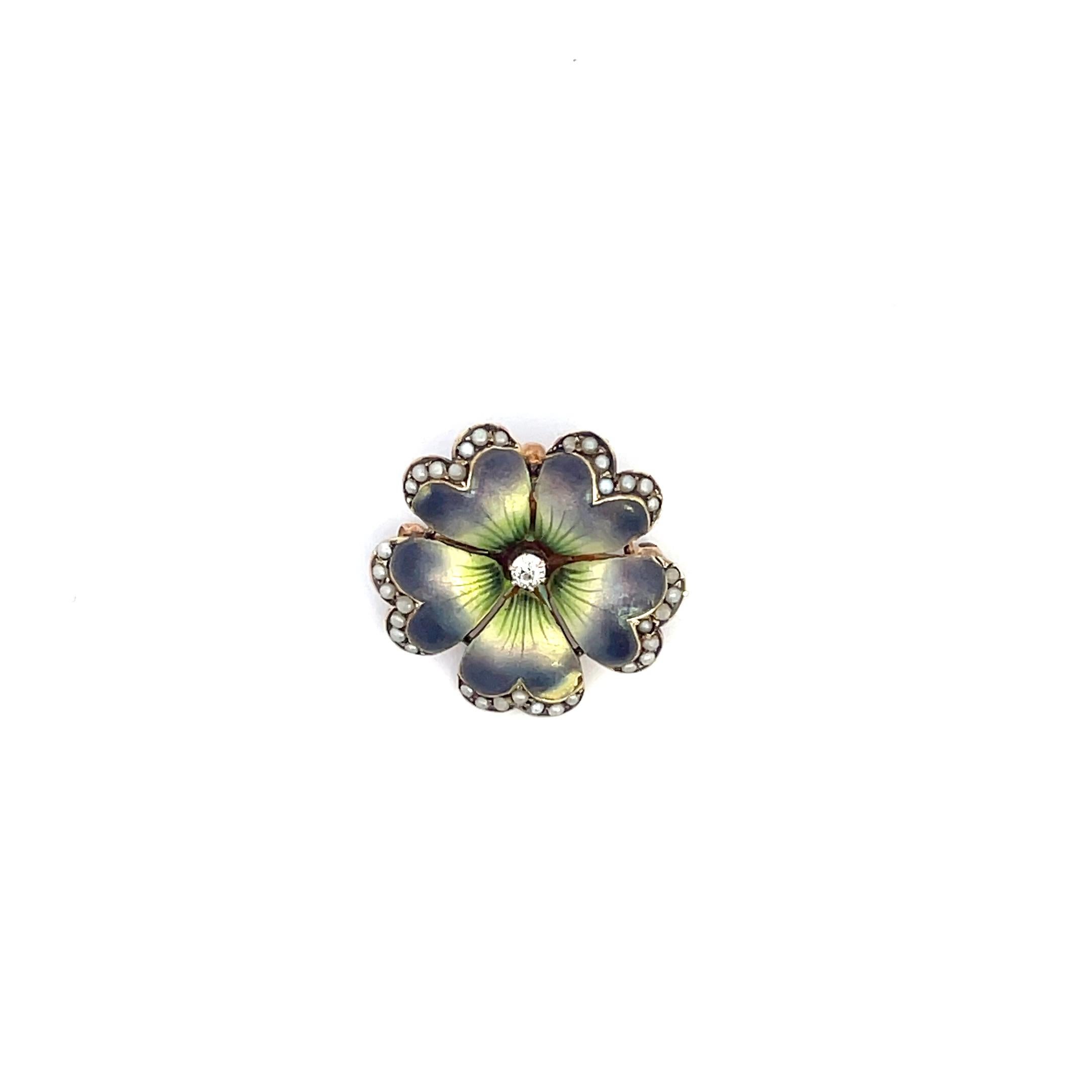 14K Rose Gold 1890 Victorian Enamel Floral Motif w/ Diamond and Seed ...