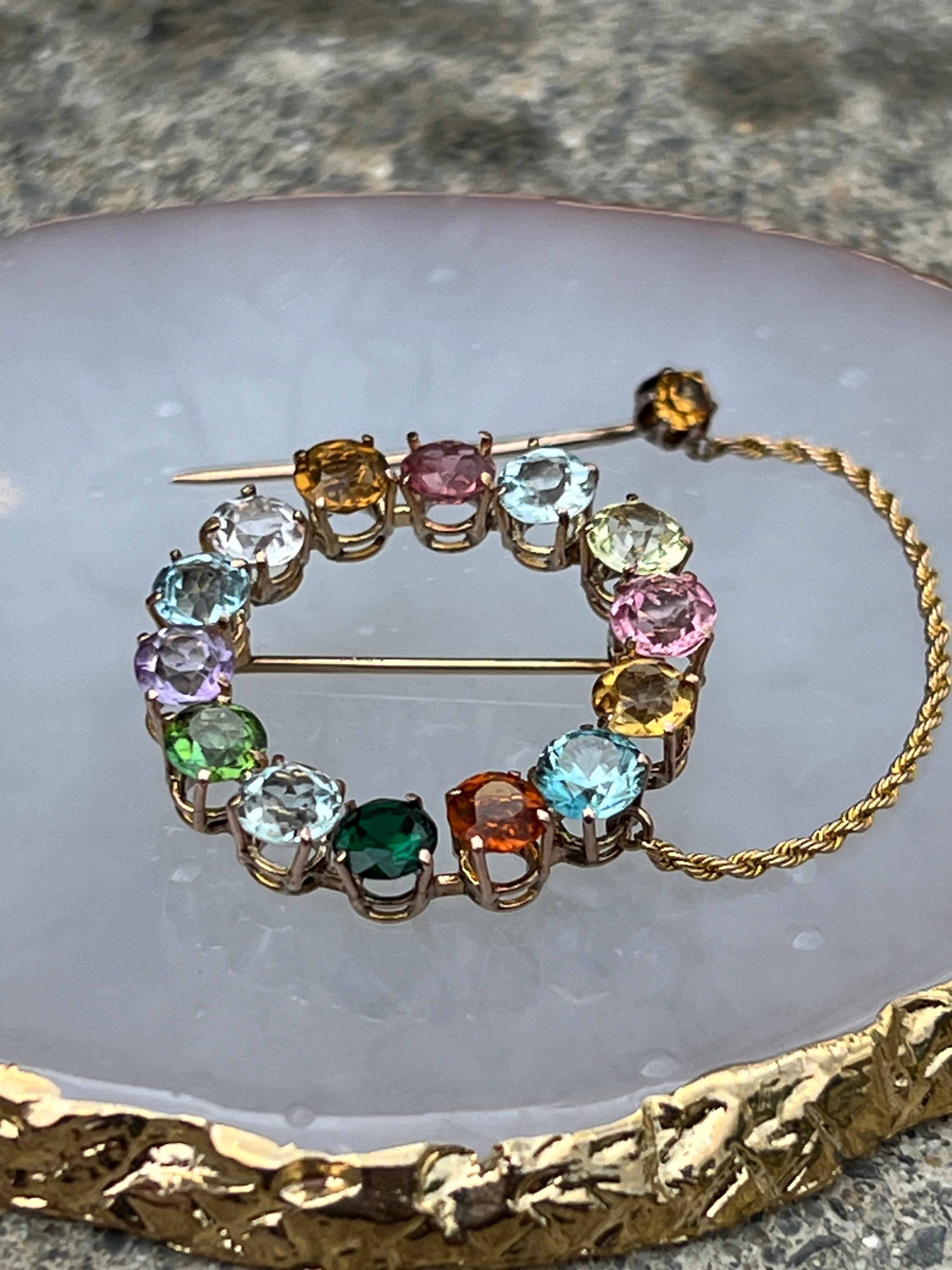 14K Rose Gold and Multi-Gemstone Brooch and Pin For Sale at 1stDibs