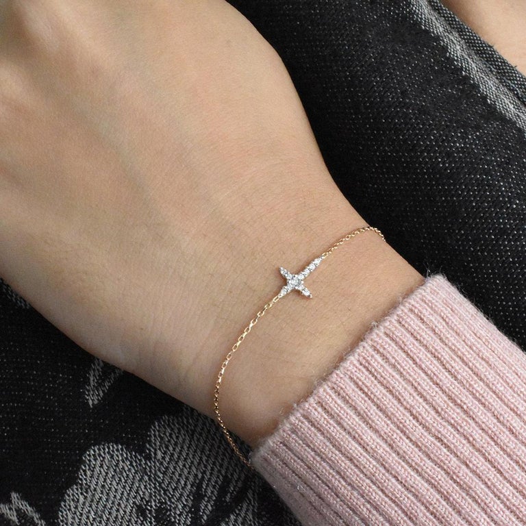 14k Gold Dainty Cross Bracelet Tiny Cross Diamond Bracelet For Sale at ...