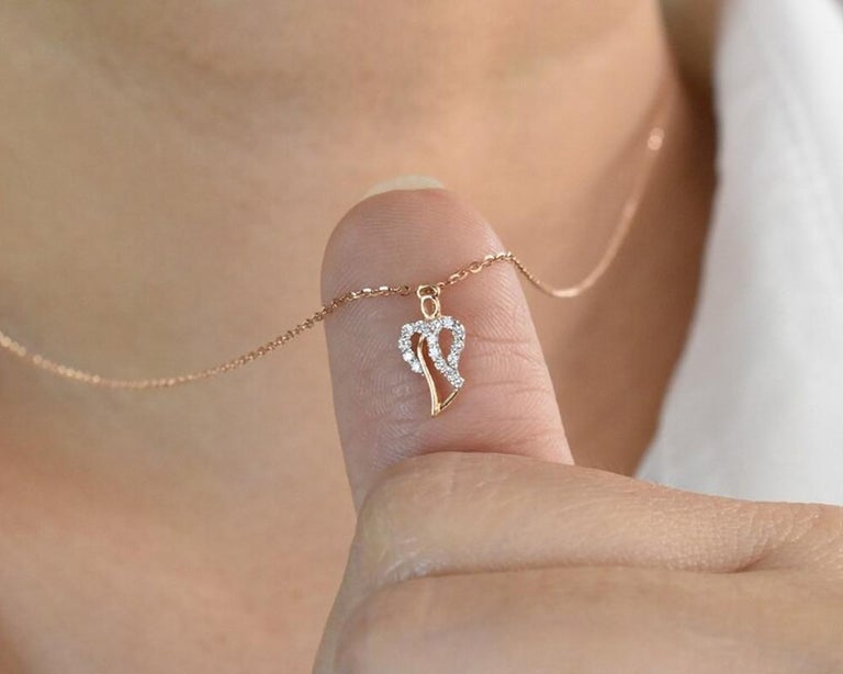 14k Gold Diamond Angle Necklace Minimalist Heart Guardian Angel ...