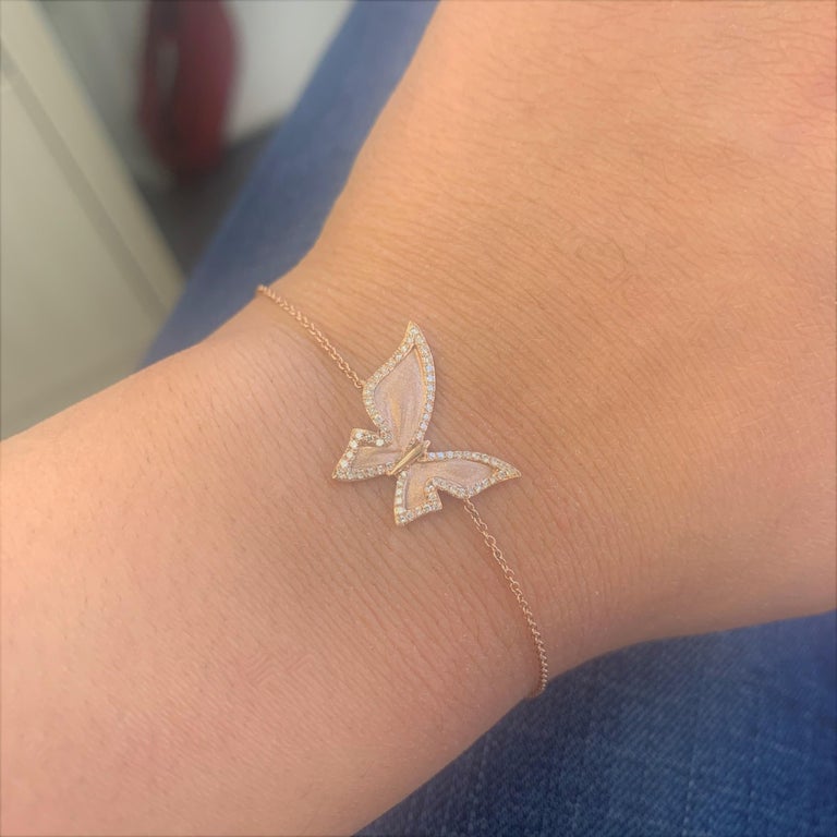 14K Rose Gold Diamond Butterfly Chain Bracelet For Sale at 1stDibs