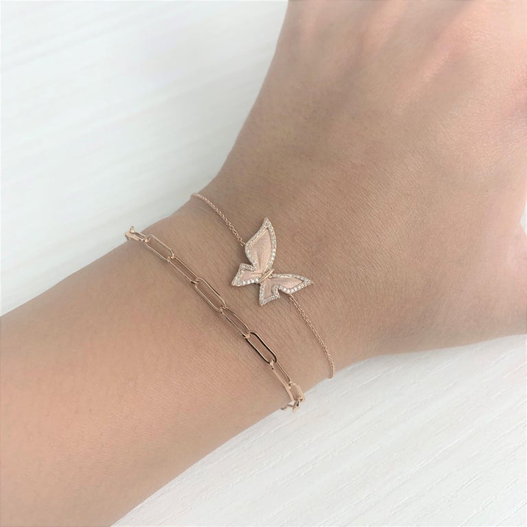 14K Rose Gold Diamond Butterfly Chain Bracelet For Sale at 1stDibs