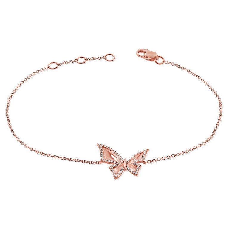 14K Rose Gold Diamond Butterfly Chain Bracelet For Sale at 1stDibs