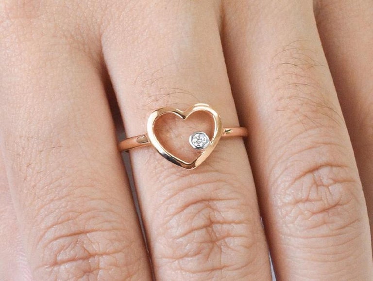 Customizable 14k Rose Gold Diamond Heart Ring Minimal Heart Ring with ...