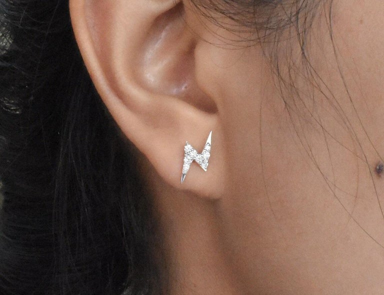 14k Gold Diamond Lightning Bolt Stud Earrings Diamond Thunderbolt Studs For Sale at 1stDibs