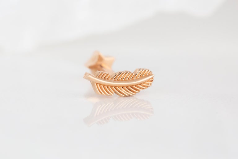14K Rose Gold Feather Piercing, Feather Shape Gold Stud Earring For ...