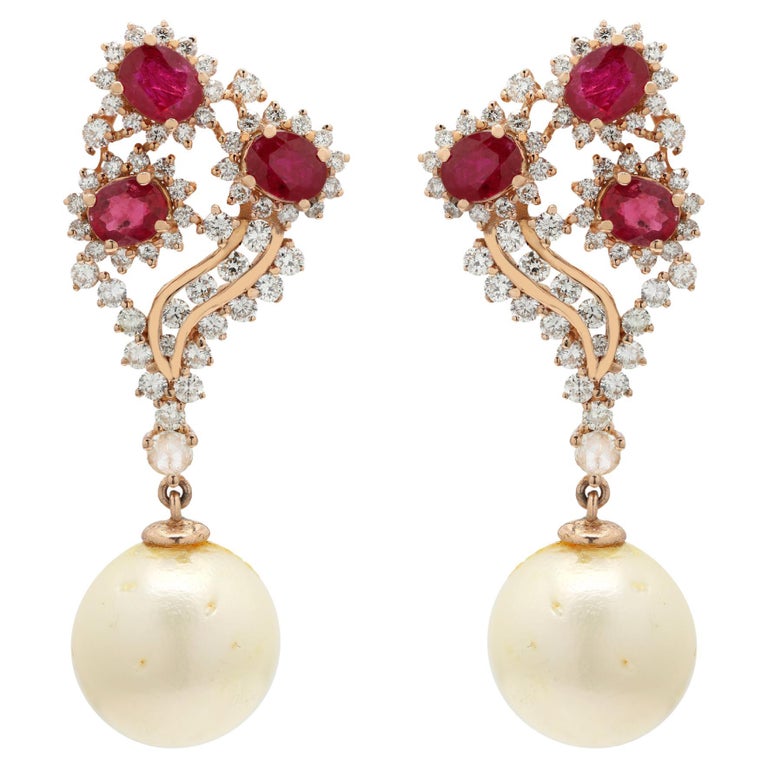 14k Rose Gold Floral 30.42 Ct Ruby and Diamond Earrings with Dangling ...