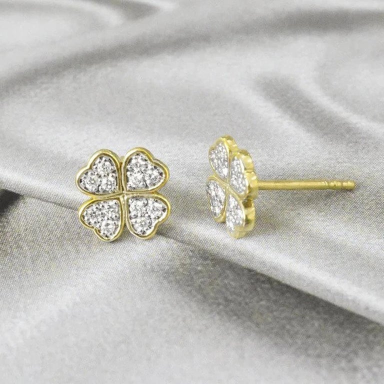 14k Gold Floral Stud Diamond Clover Stud Earrings Clover Leaf Stud For ...