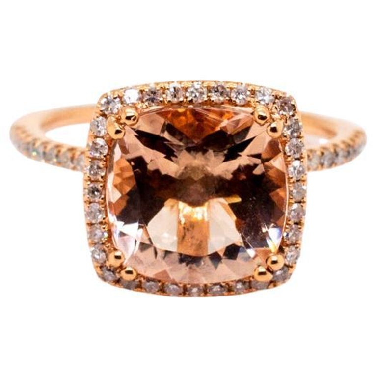 14K Rose Gold Morganite Halo Diamond Wedding Ring For Sale at 1stDibs