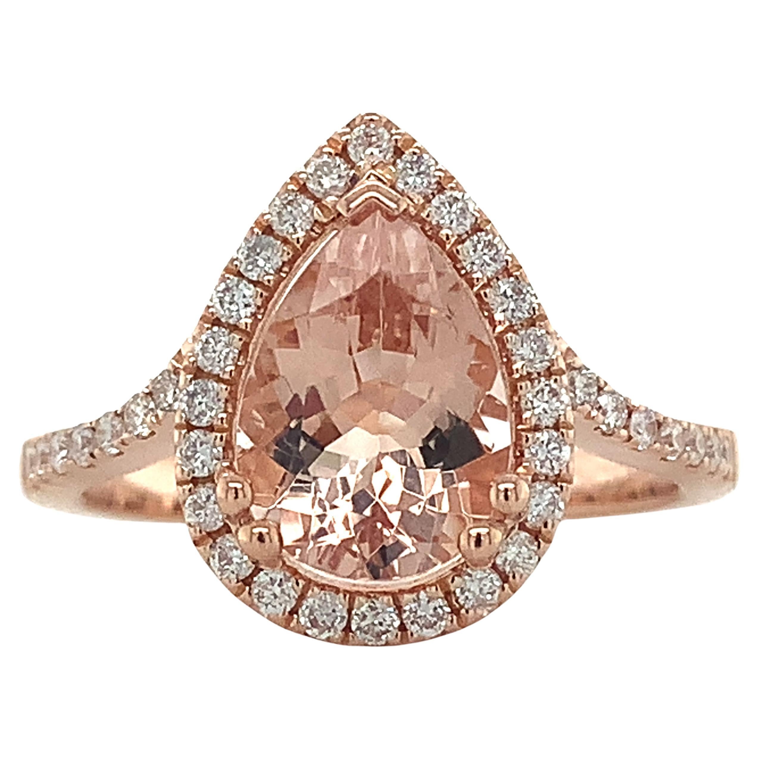 14k Rose Gold Pear Shape Morganite W/ Round White Diamond Halo Ring ...