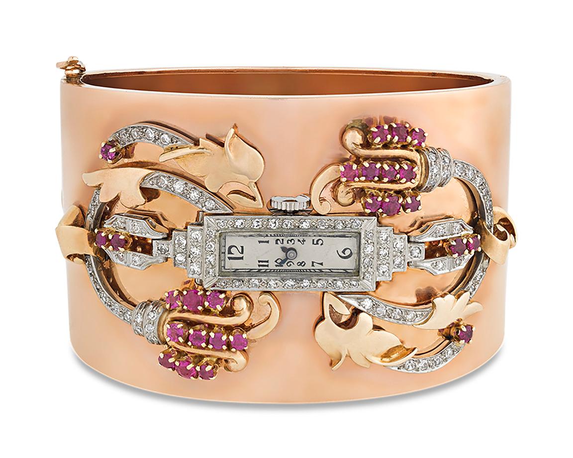 14 Karat Rose Gold, Ruby and Diamond Watch Bangle at 1stDibs