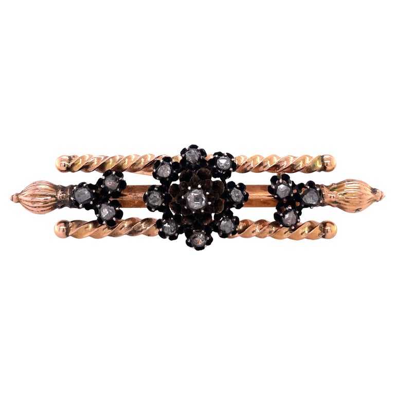 14K Rose Gold Victorian Rose Cut Diamond Brooch Pin For Sale at 1stDibs