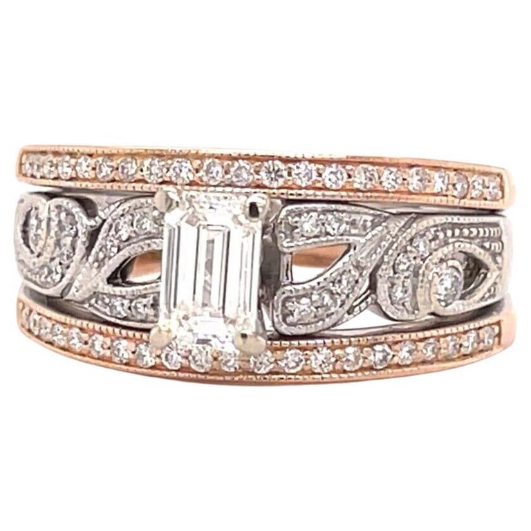 14k Rose and White Gold Emerald Cut Diamond W/ Round Diamond 2 Matching ...